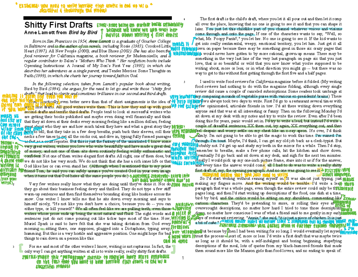 Shitty First Drafts Annotations - 1 Shitty First Drafts Anne Lamott ...