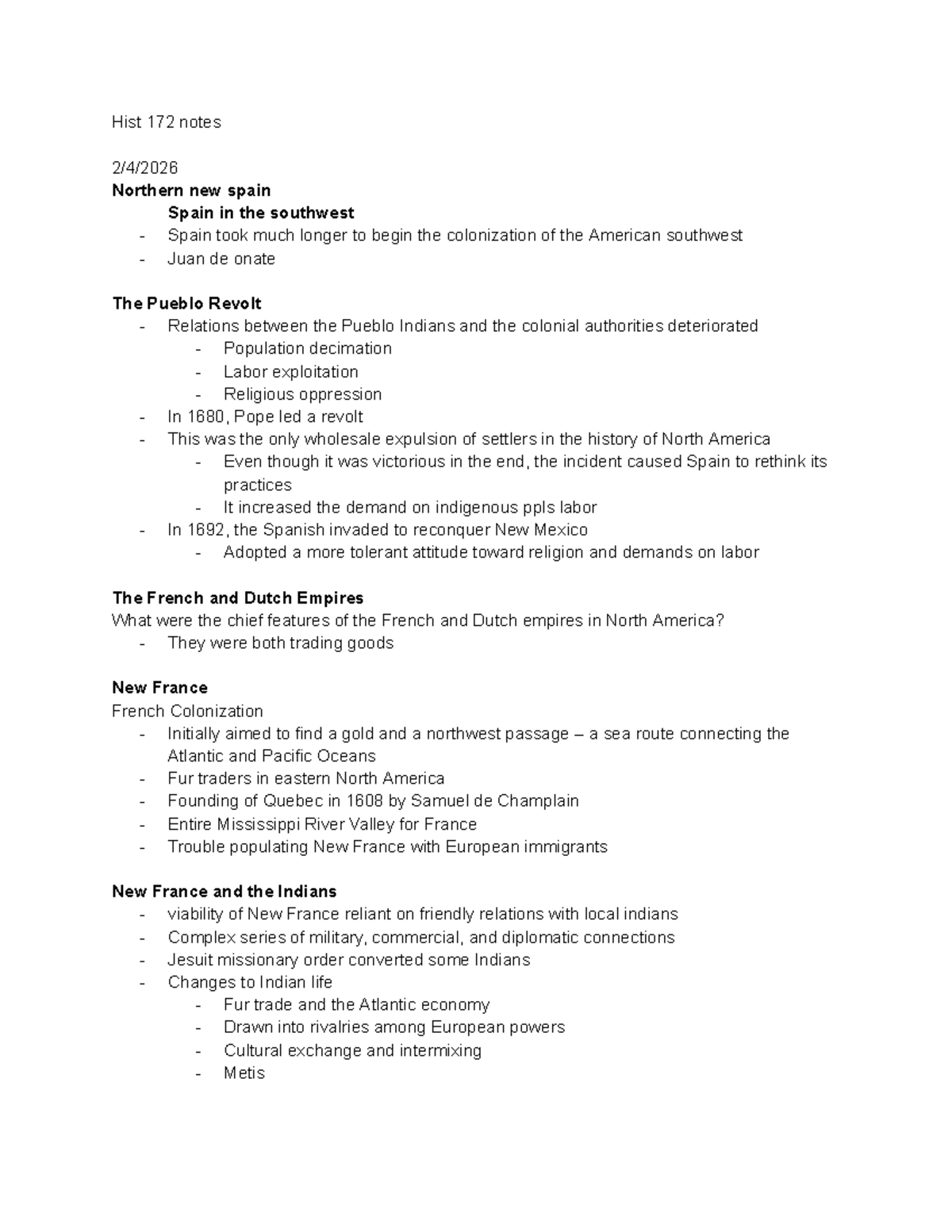 Hist 172 Notes: Colonization of Northern New Spain & French Empires ...