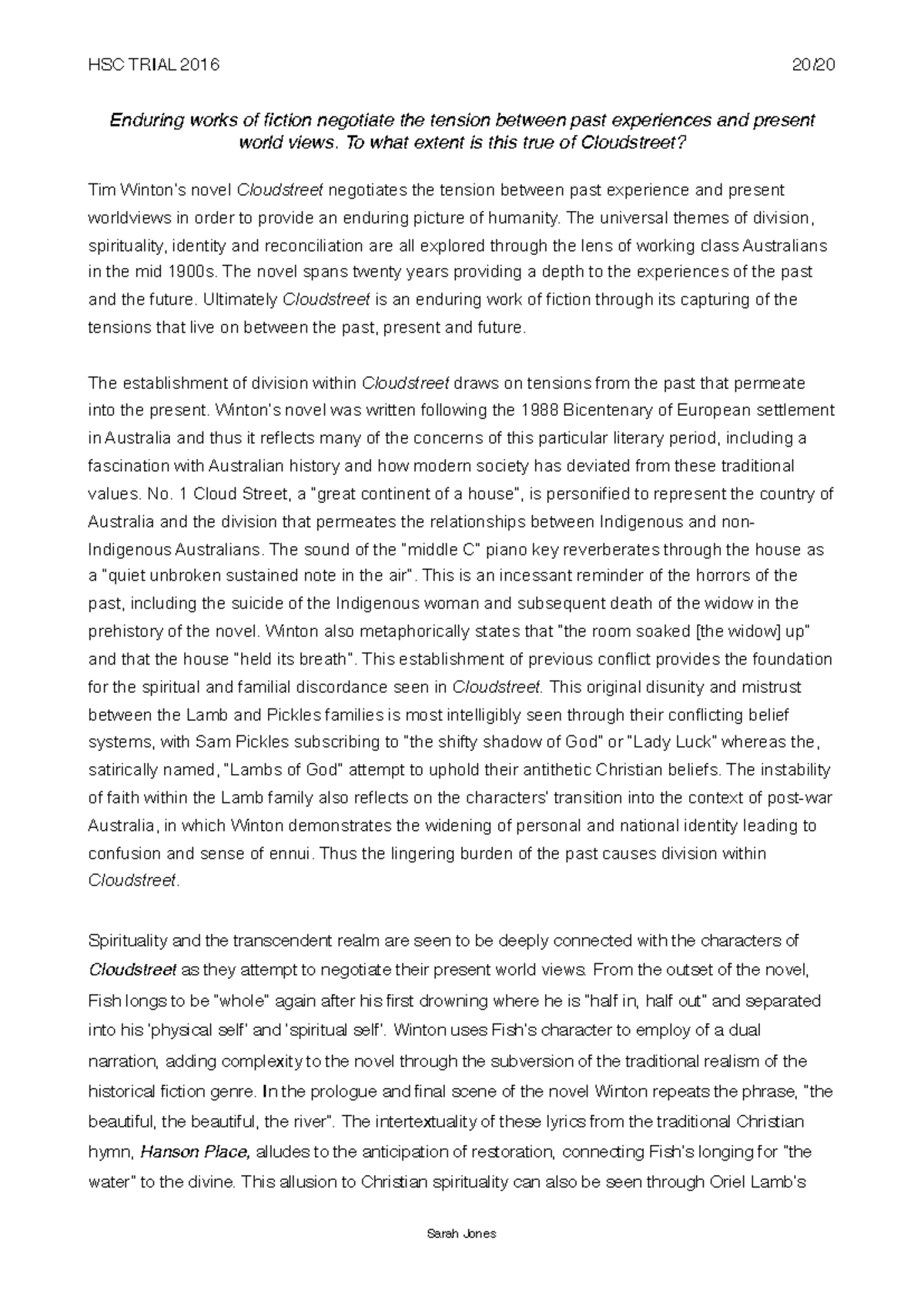 HSC TRIAL 2016 Mod B Essay: Exploring Past and Present in Cloudstreet ...