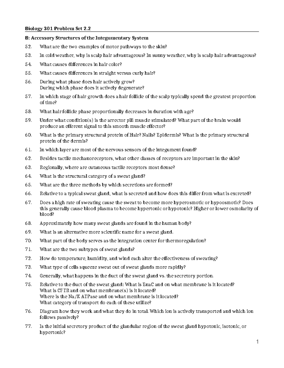 Biology 301 Problem Set 2.2: Integumentary System Insights - Studocu