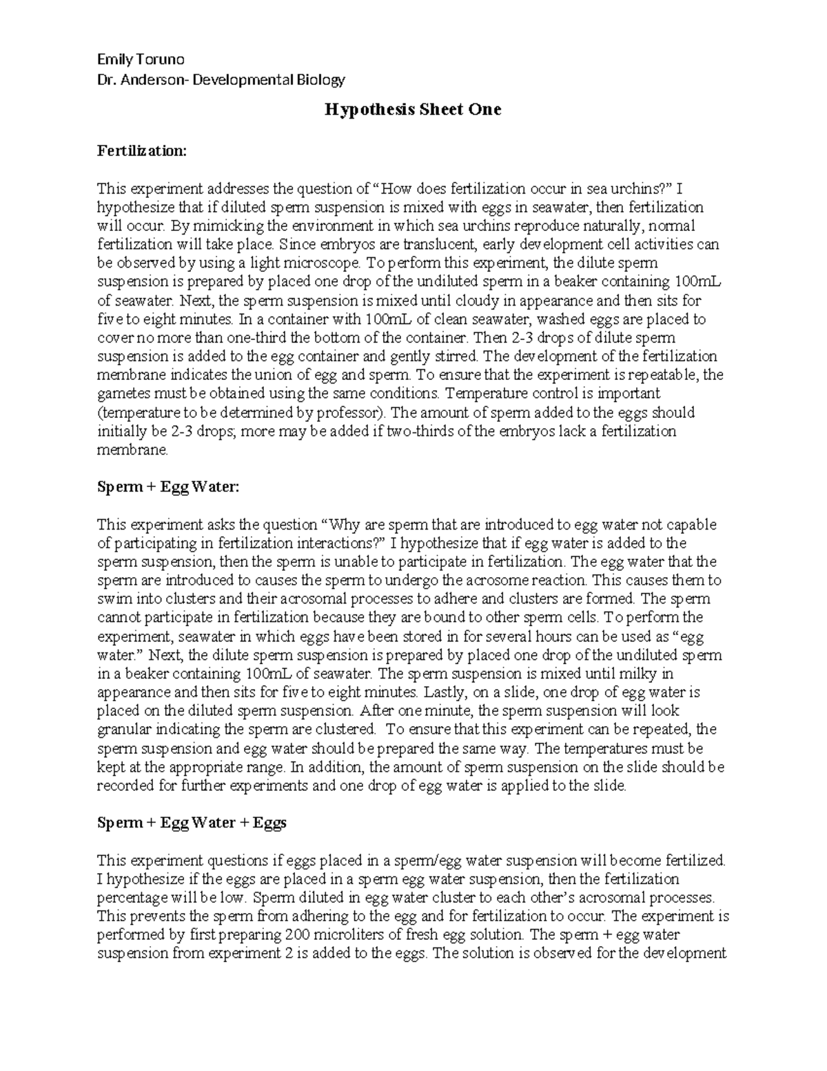 Developmental Biology Hypothesis Sheet 1: Fertilization Experiments ...