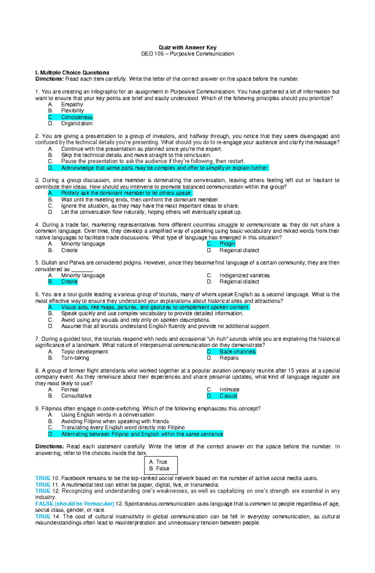 Quiz with Answer Key for GED 106: Purposive Communication I - Studocu