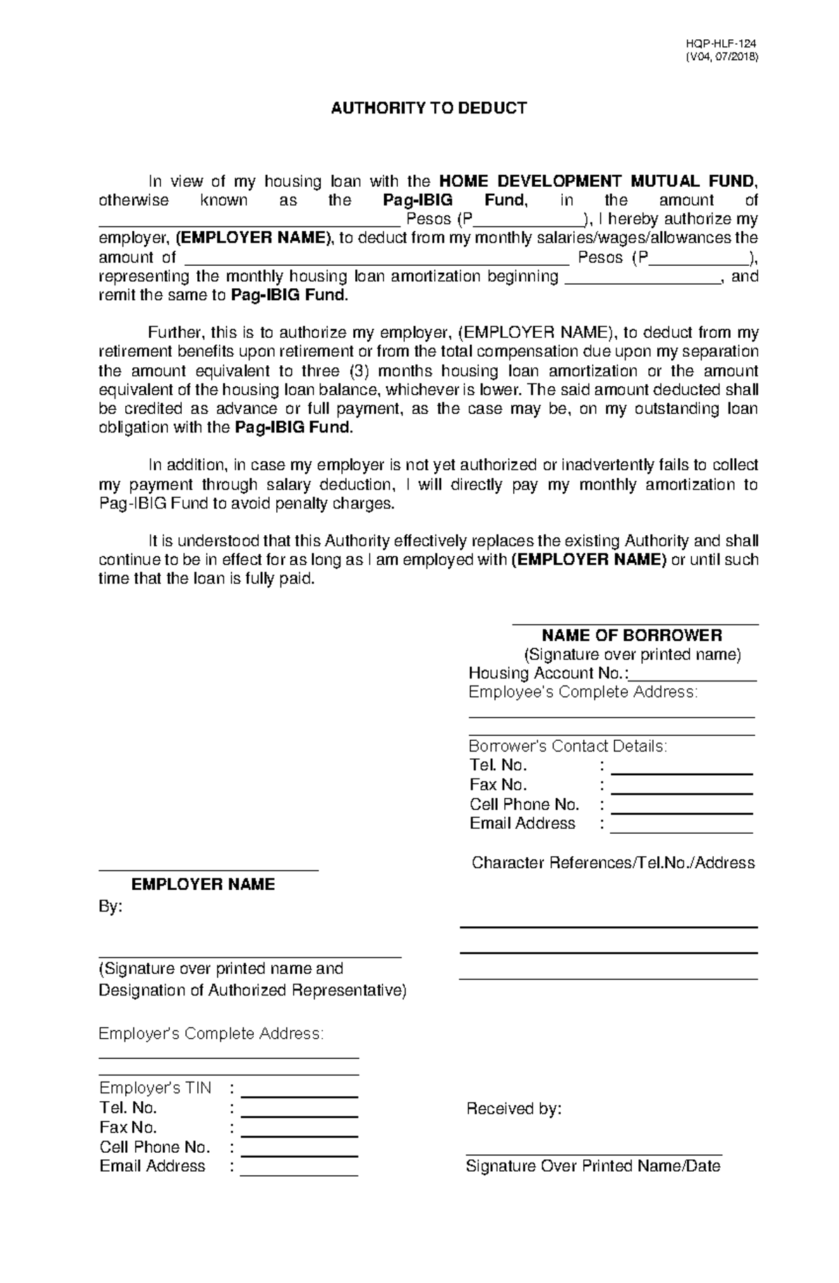 HLF124 Authority to Deduct for Housing Loan Amortization V04 - Studocu