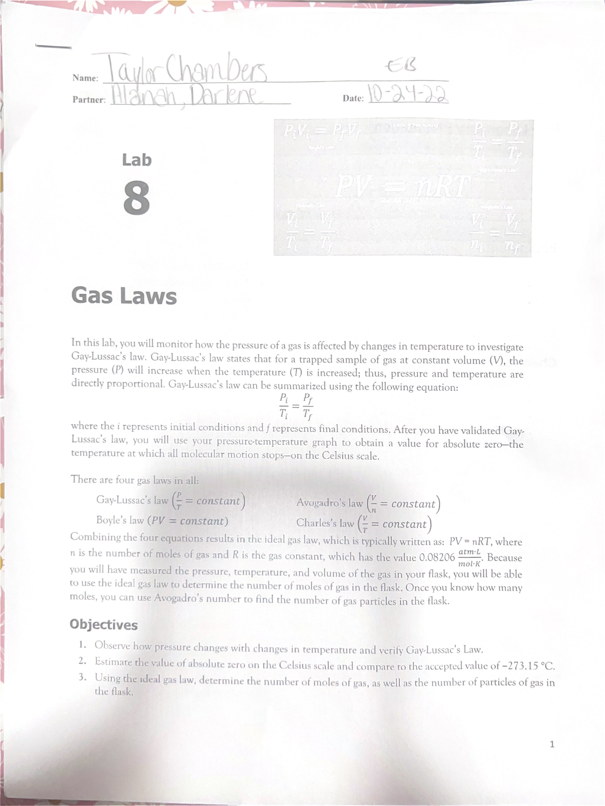 Lab 8 Gas Laws - Lab assignment - Name: Taylor Chambers EB Partner ...