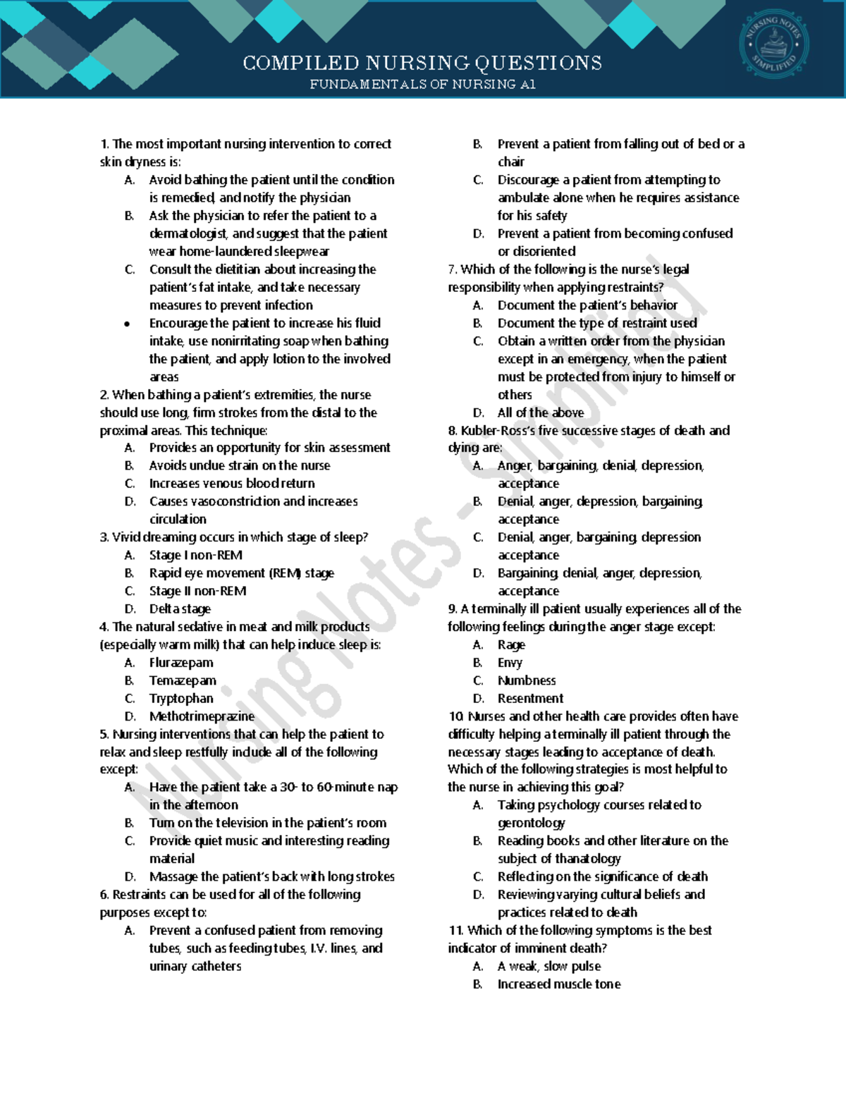 100-Item Compiled Nursing Questions for Fundamentals of Nursing A1 ...