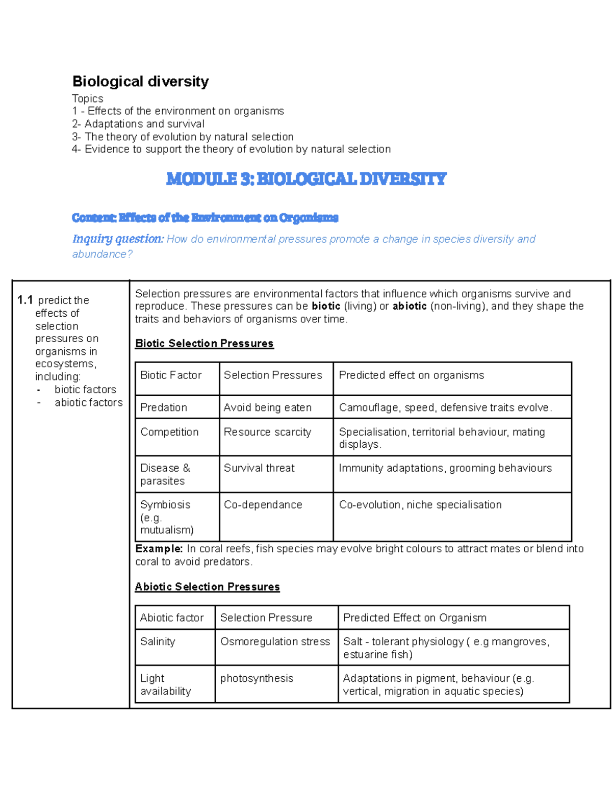 Biology Notes: Module 3 - Biological Diversity & Evolution Concepts ...