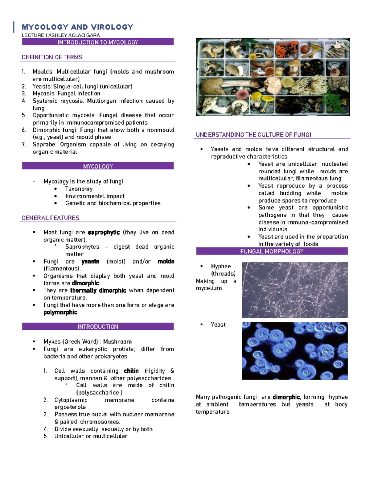 Introduction to Mycology - LECTURE l ASHLEY ACLAO GARA INTRODUCTION TO MYCOLOGY DEFINITION OF ...