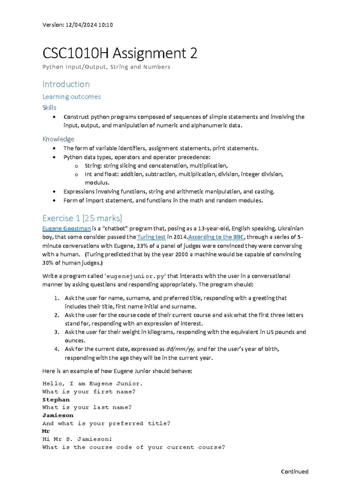 CSC1010H Assignment 2: Python Programs for Input/Output & Data Manipulation - Studocu