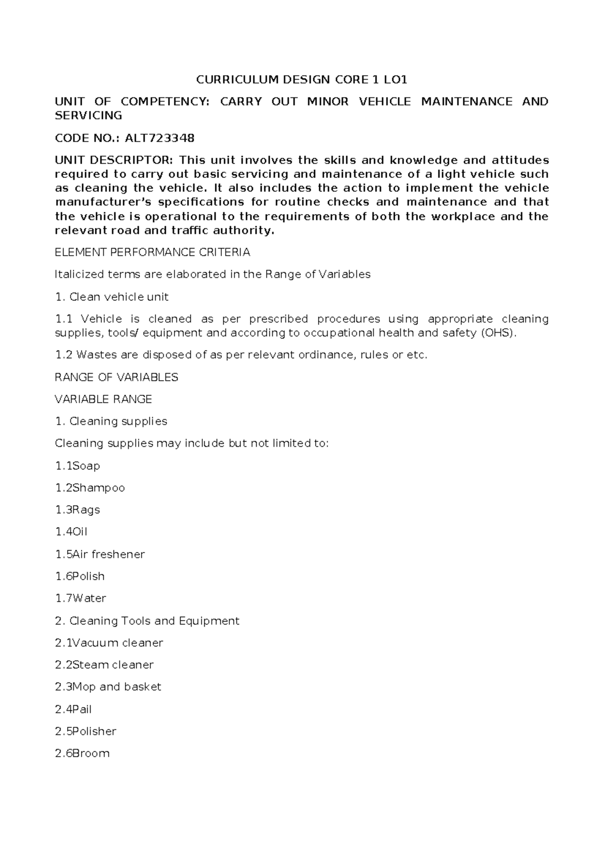 ALT723348 Curriculum Design: Minor Vehicle Maintenance Guide - Studocu