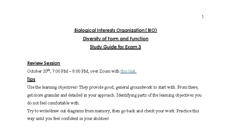 F25 BIO Diversity of Form and Function Midterm 3 Study Guide - Studocu