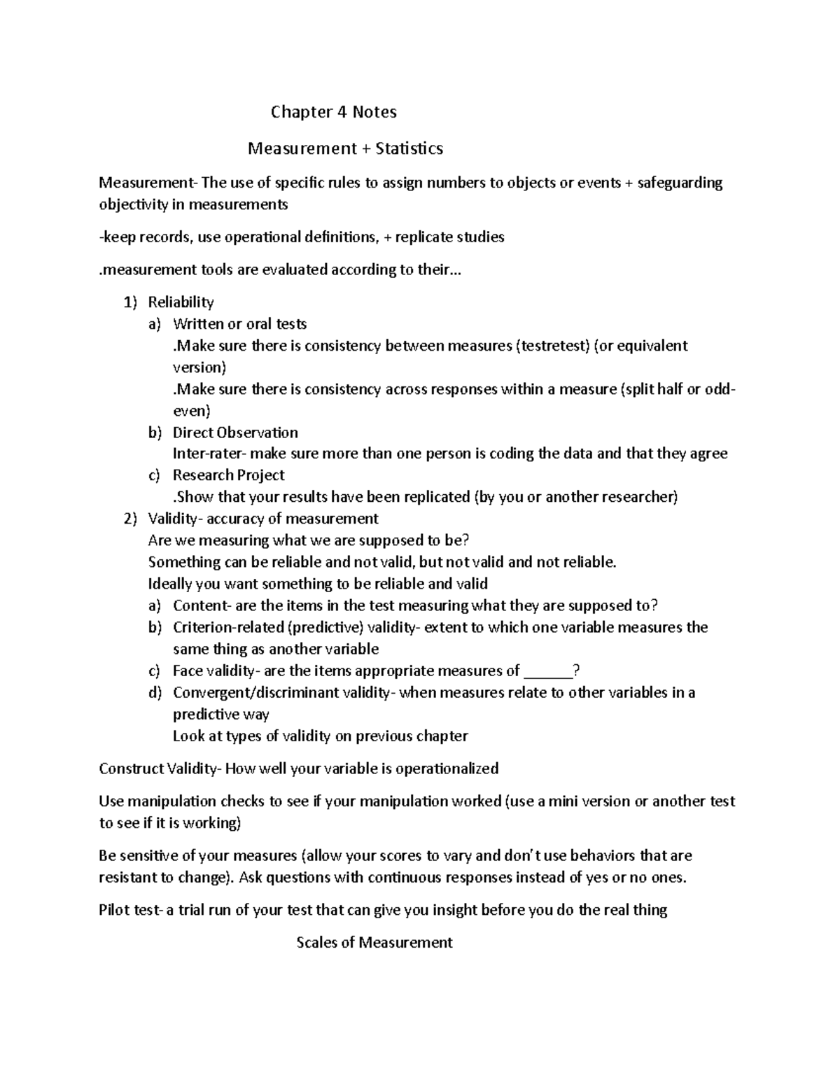 Ch4 notes - Chapter 4 Notes Measurement + Statistics Measurement- The ...