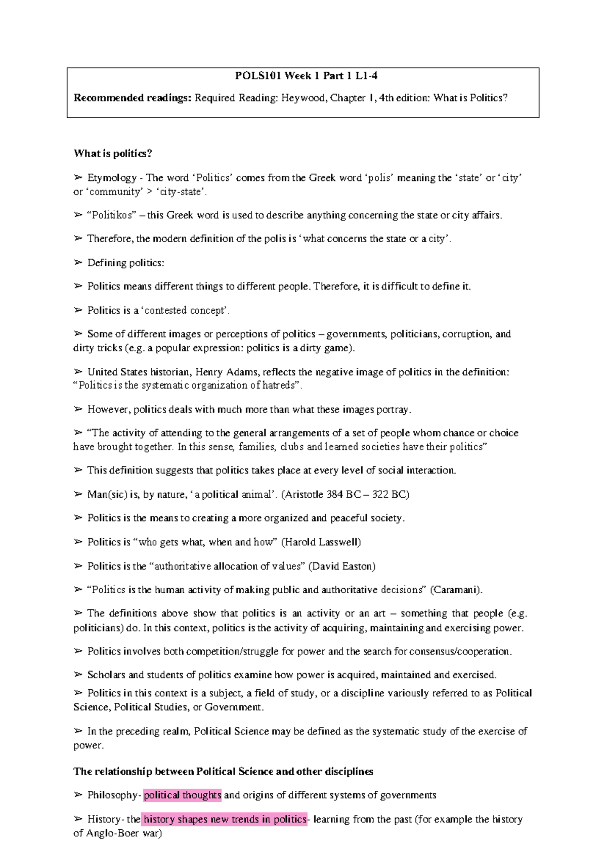 POLS101 Week 1 Lecture Notes: Foundations of Political Science ...
