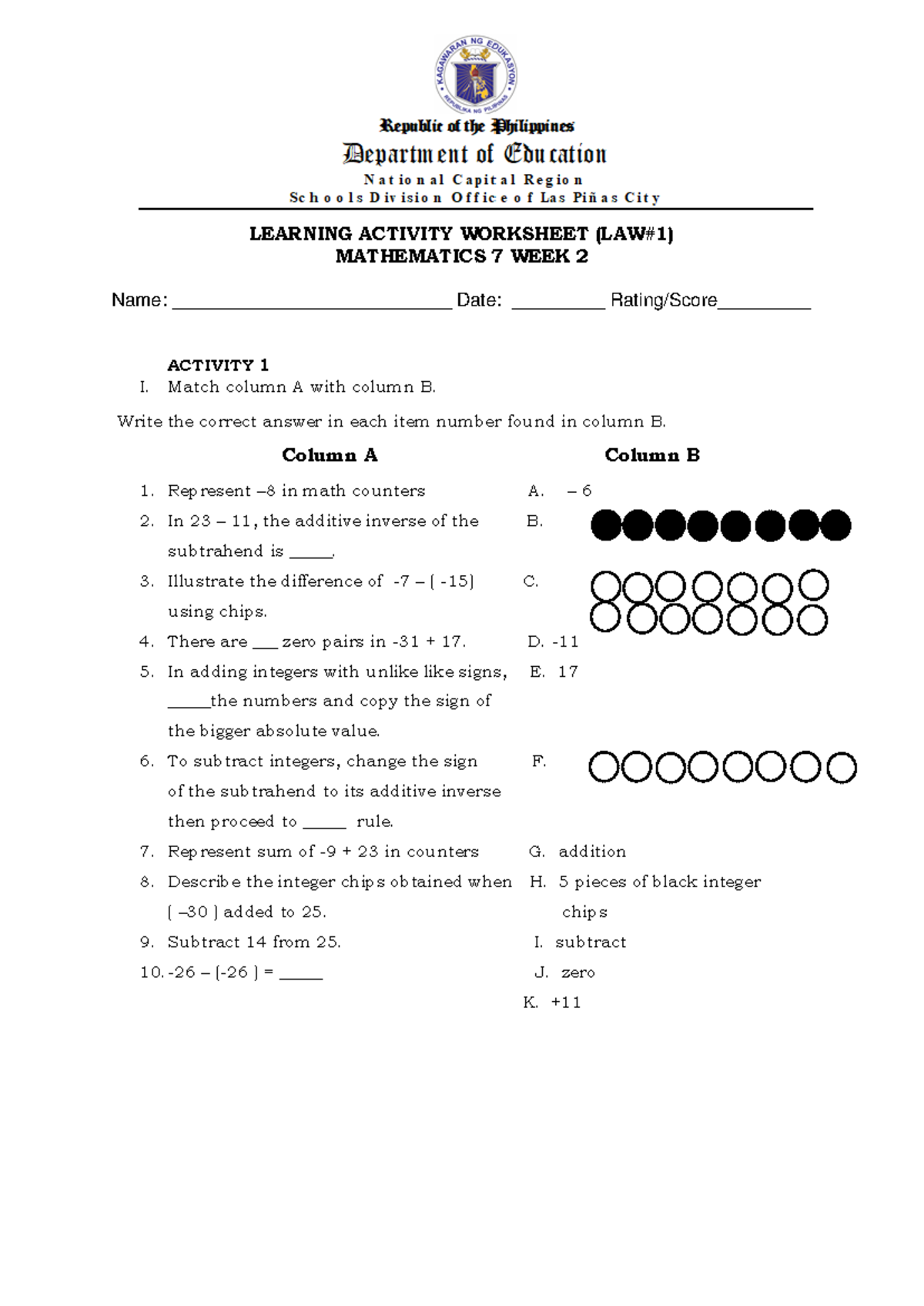 Q1 Week 2 - Math - LEARNING ACTIVITY WORKSHEET (LAW#1) MATHEMATICS 7 ...
