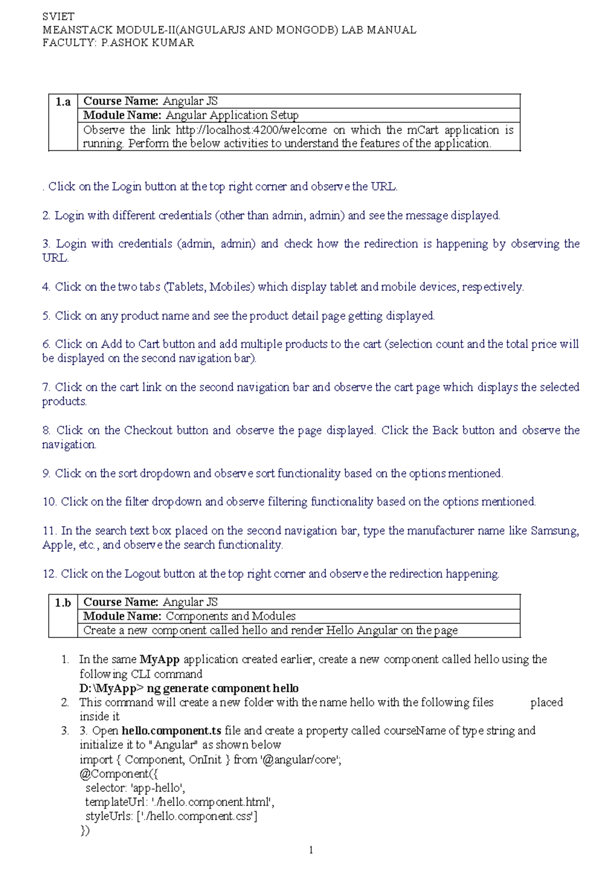 MEANSTACK MODULE-II: AngularJS & MongoDB Lab Manual - JNTUK - Studocu
