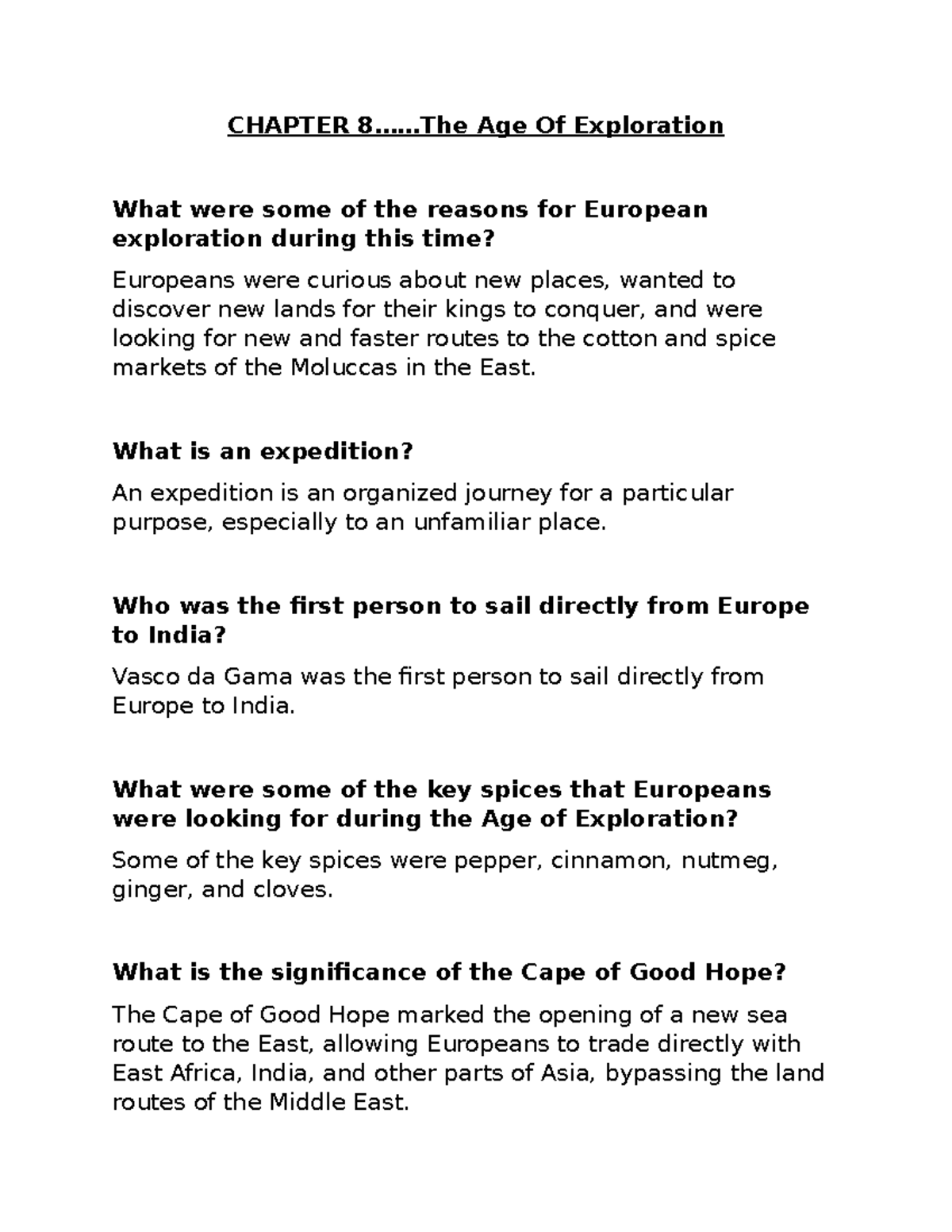 Class 5 Social Studies: Chapter 8 - The Age of Exploration - Studocu