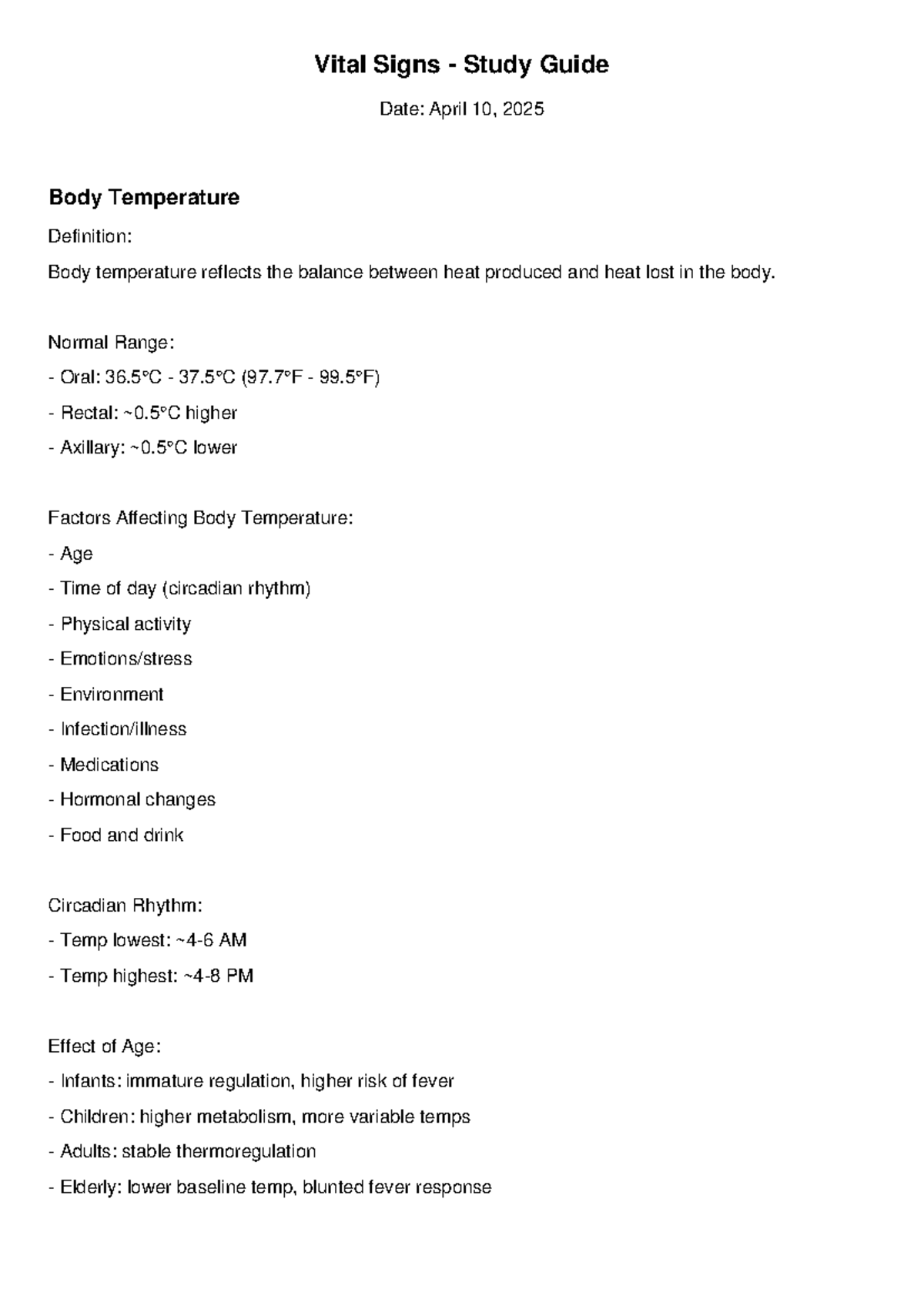 Vital Signs Study Guide: Body Temp & Regulation Factors - Studocu
