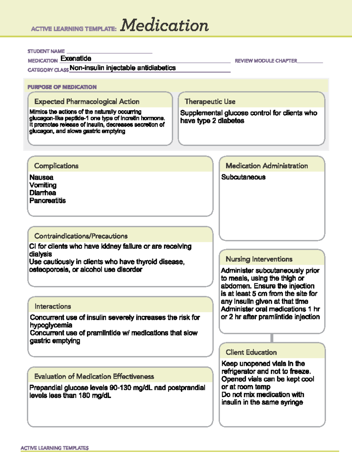 Exenatide - ATI pharmacology sheet - ACTIVE LEARNING TEMPLATE ...