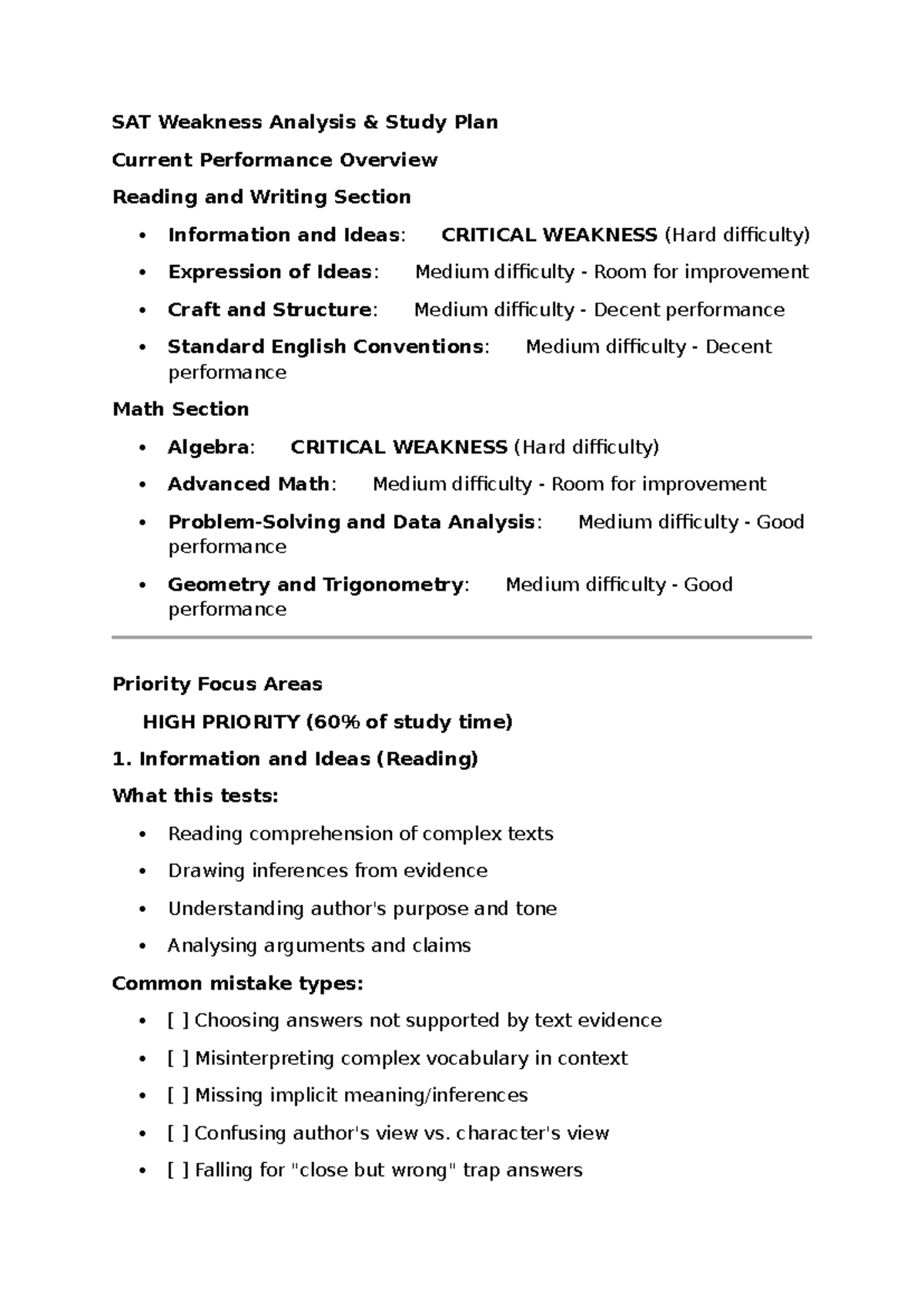 SAT Weakness Analysis Study Plan: Reading & Math Focus Areas - Studocu