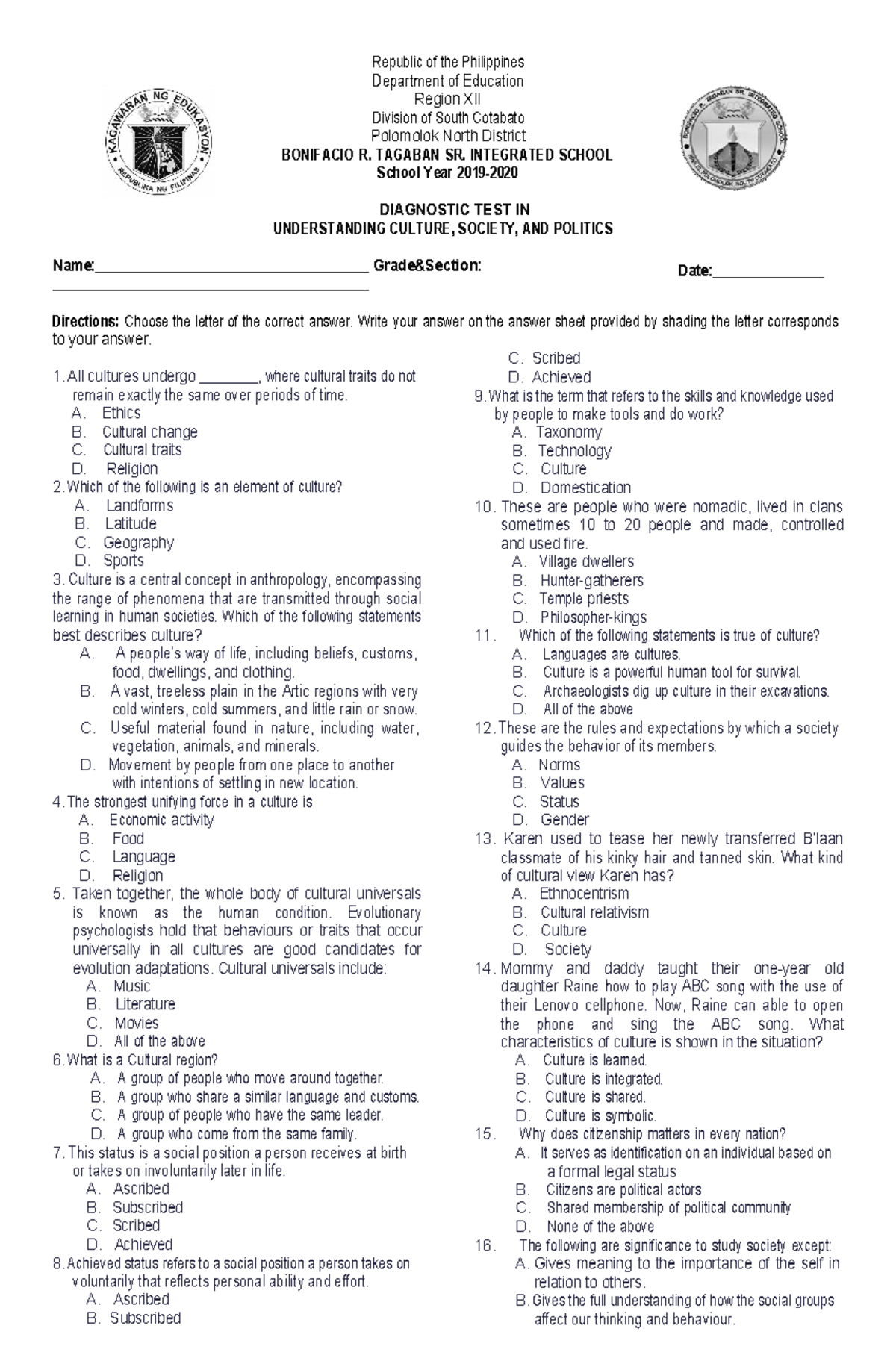 Diagnostic Test in UCSP: Understanding Culture, Society, and Politics ...