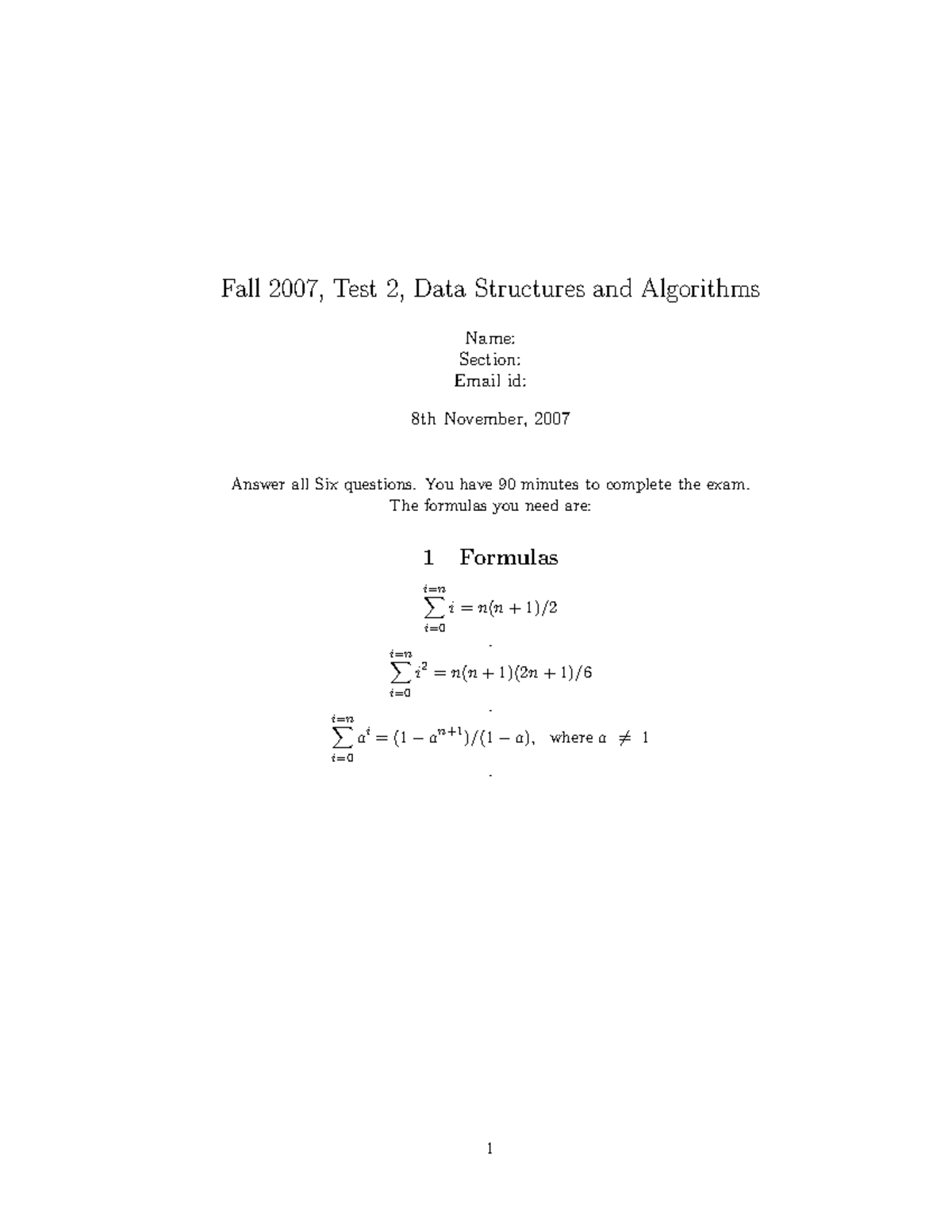 Test2 - back exam - Fall 2007, Test 2, Data Structures and Algorithms ...