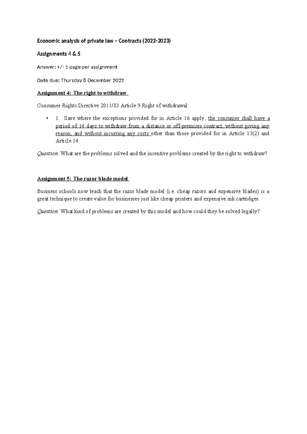 Assignments 4 & 5: Economic Analysis of Contracts (2022-2023) - Studeersnel