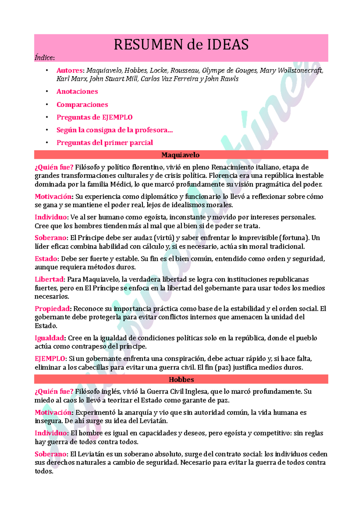 Resumen de Ideas: Maquiavelo, Hobbes, Locke, Rousseau, Marx, Mill, y ...