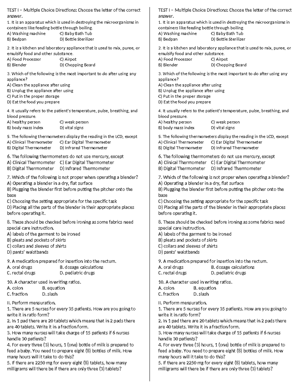 TLE Caregiving - Summative Test I with Multiple Choice & Activities ...