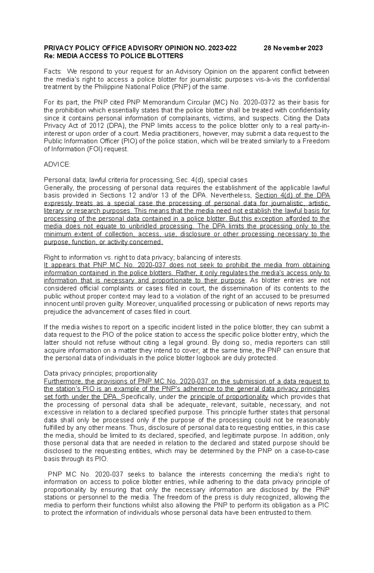 Advisory Opinion - Police Blotter - PRIVACY POLICY OFFICE ADVISORY ...