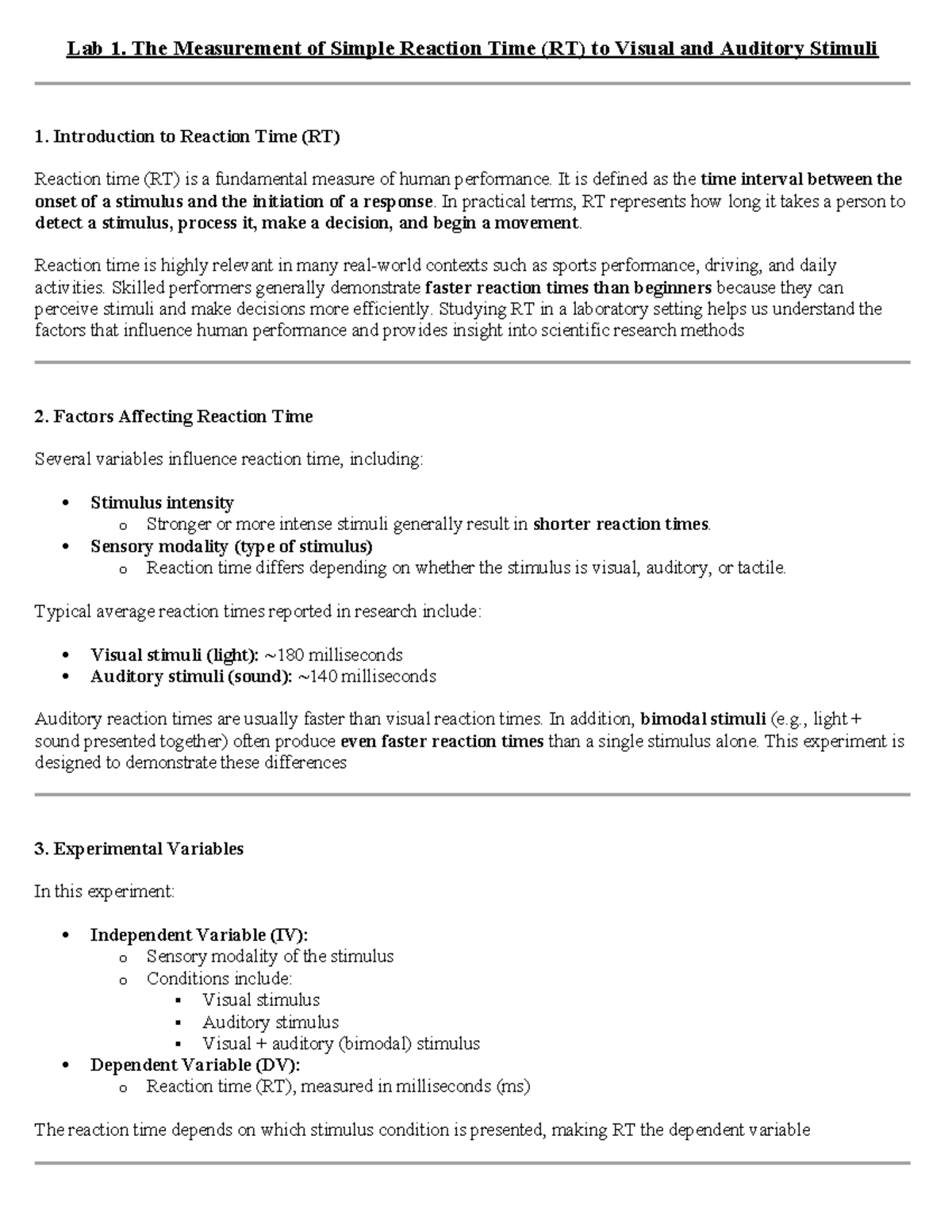 Lab 1: Measuring Simple Reaction Time to Visual & Auditory Stimuli ...