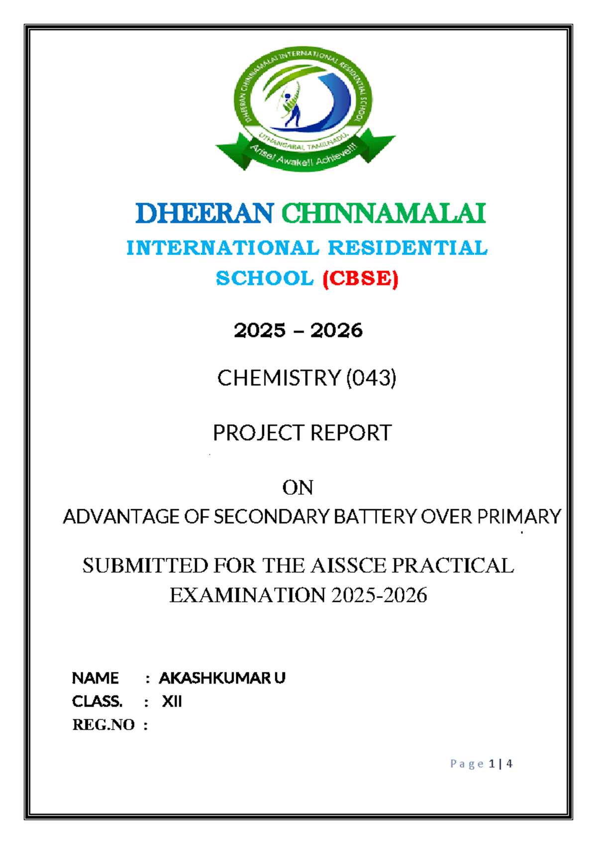 AISSCE Project Report: Advantages of Secondary Batteries (Chemistry 043) - Studocu