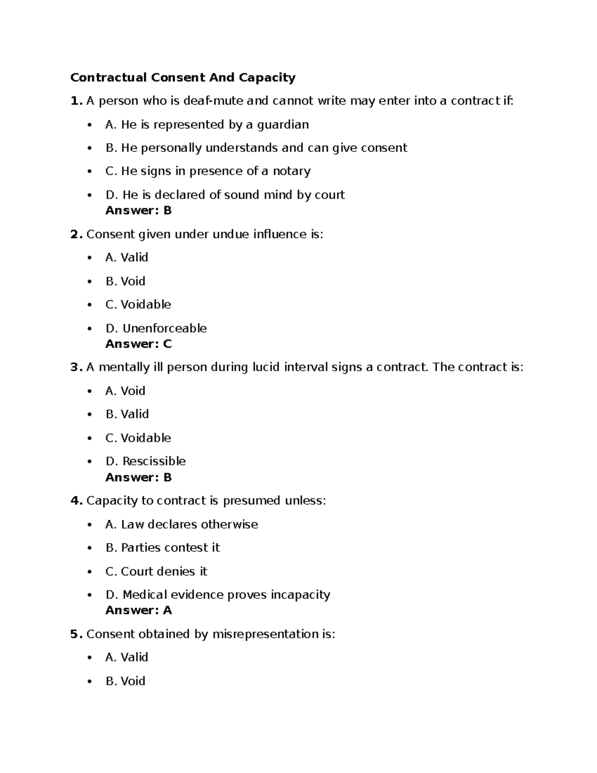 Contractual Consent and Capacity: Key Concepts and Answers - Studocu