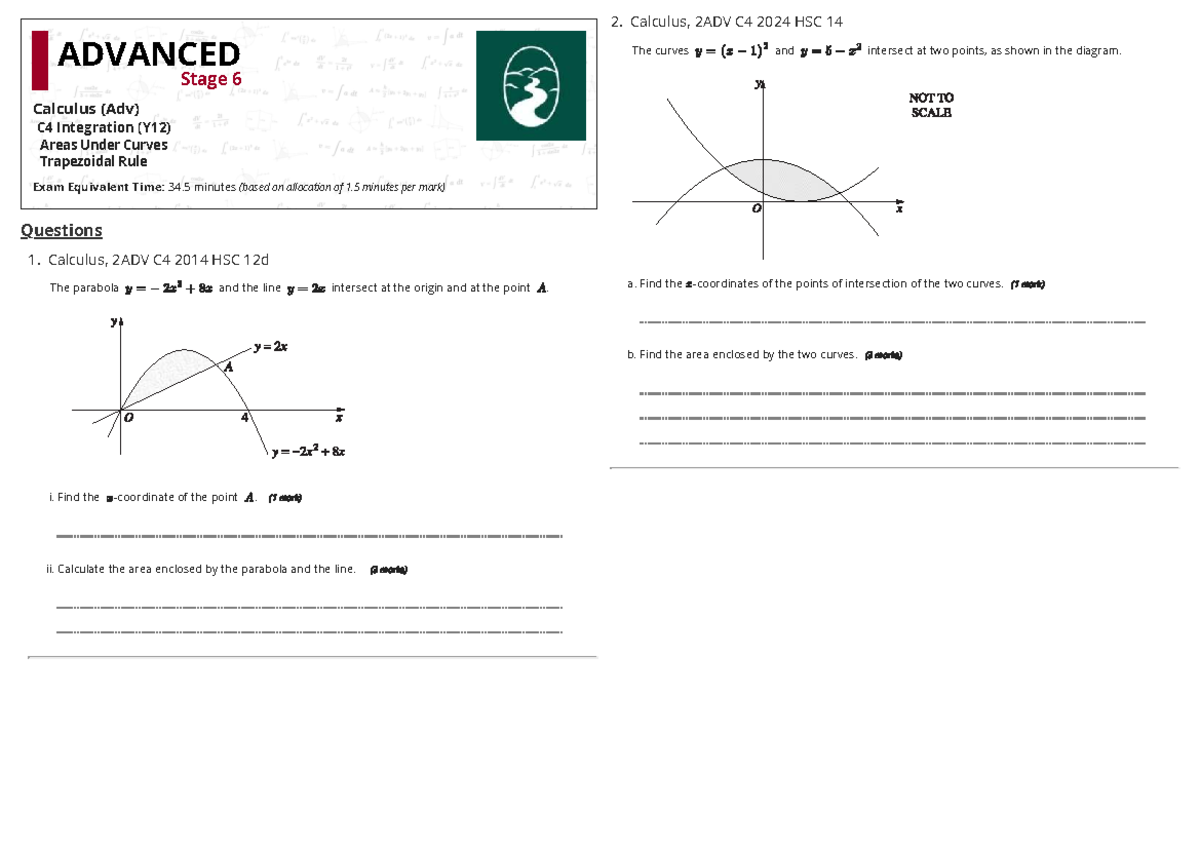 Calculus 2ADV C4 2024 HSC: Areas Under Curves Practice Questions - Studocu