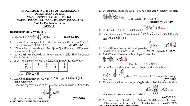 Probability and Random Processes - ECE II IV Question Bank - Studocu