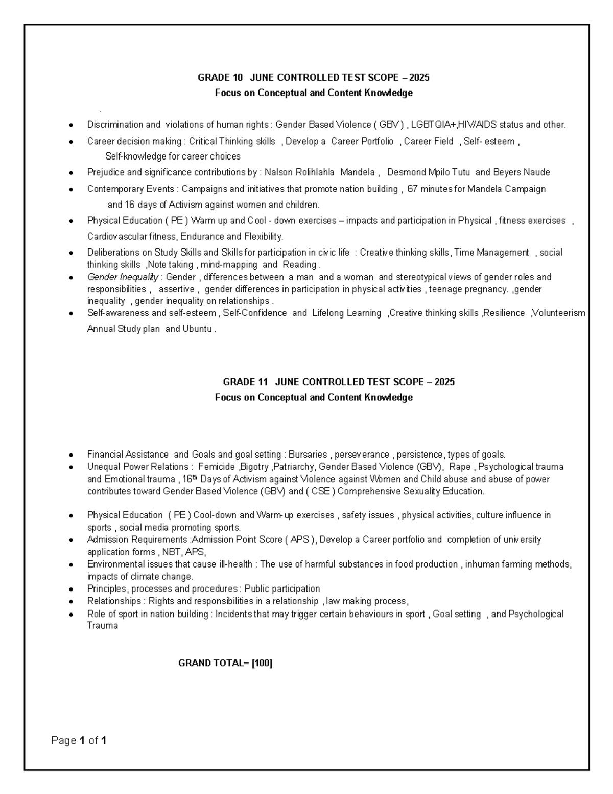 Grade 10 & 11 June Controlled Test Scope 2025: Key Concepts & Issues ...