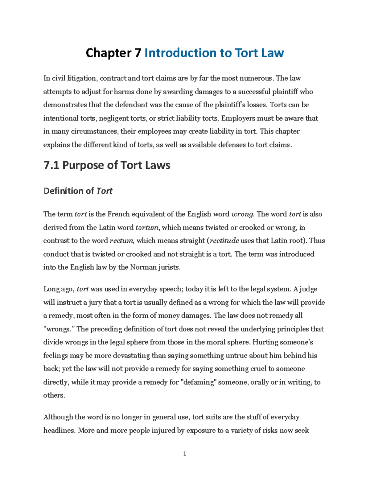 Unit04a Intentional Torts - Chapter 7 Introduction to Tort Law In civil ...