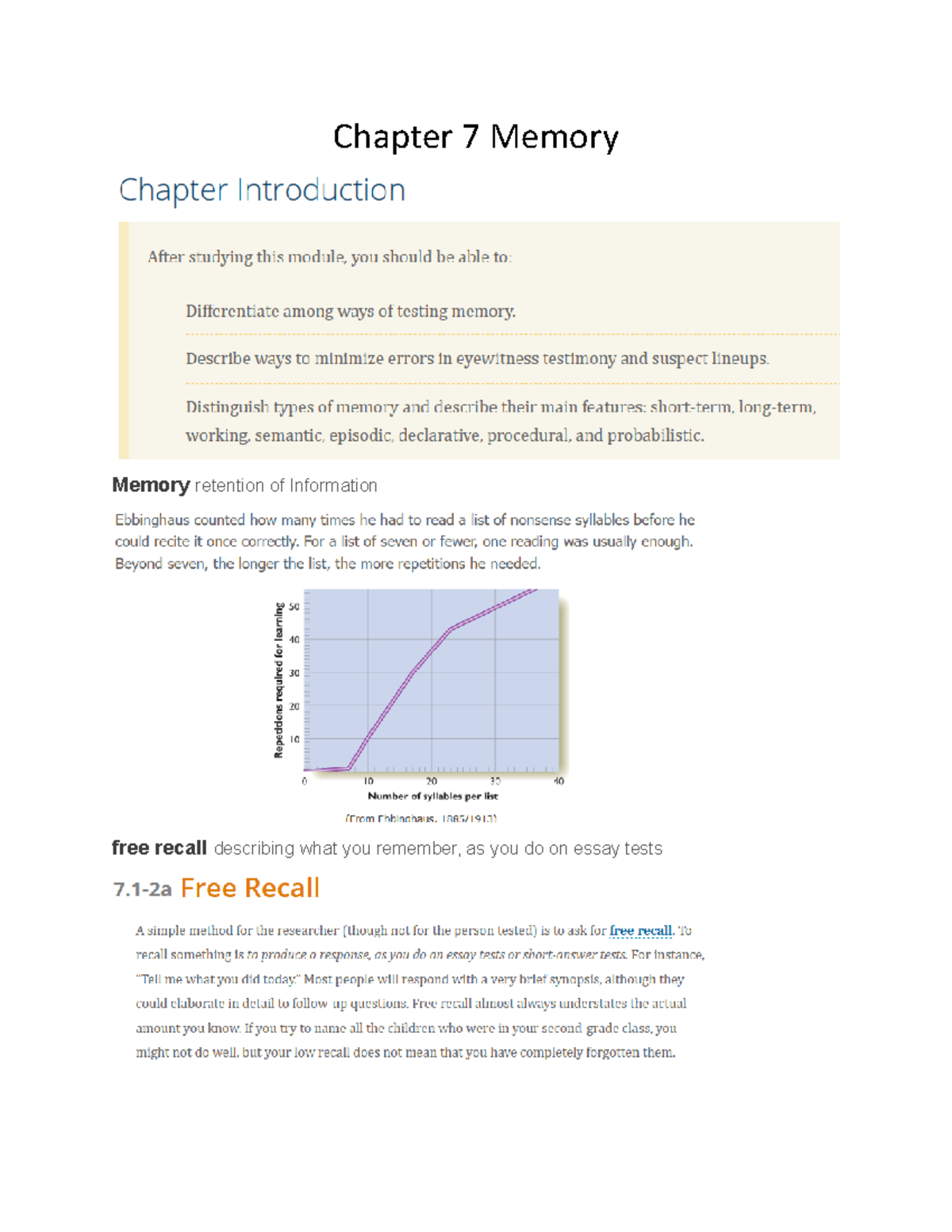 Chapter 7 Terms Psychology - Chapter 7 Memory Memory retention of Information free recall ...