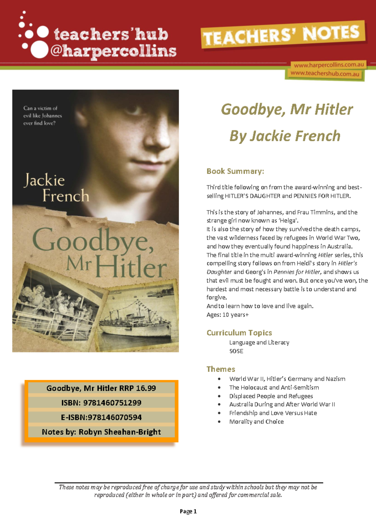 Goodbye Mr Hitler Teacher Notes - These notes may be reproduced free of ...