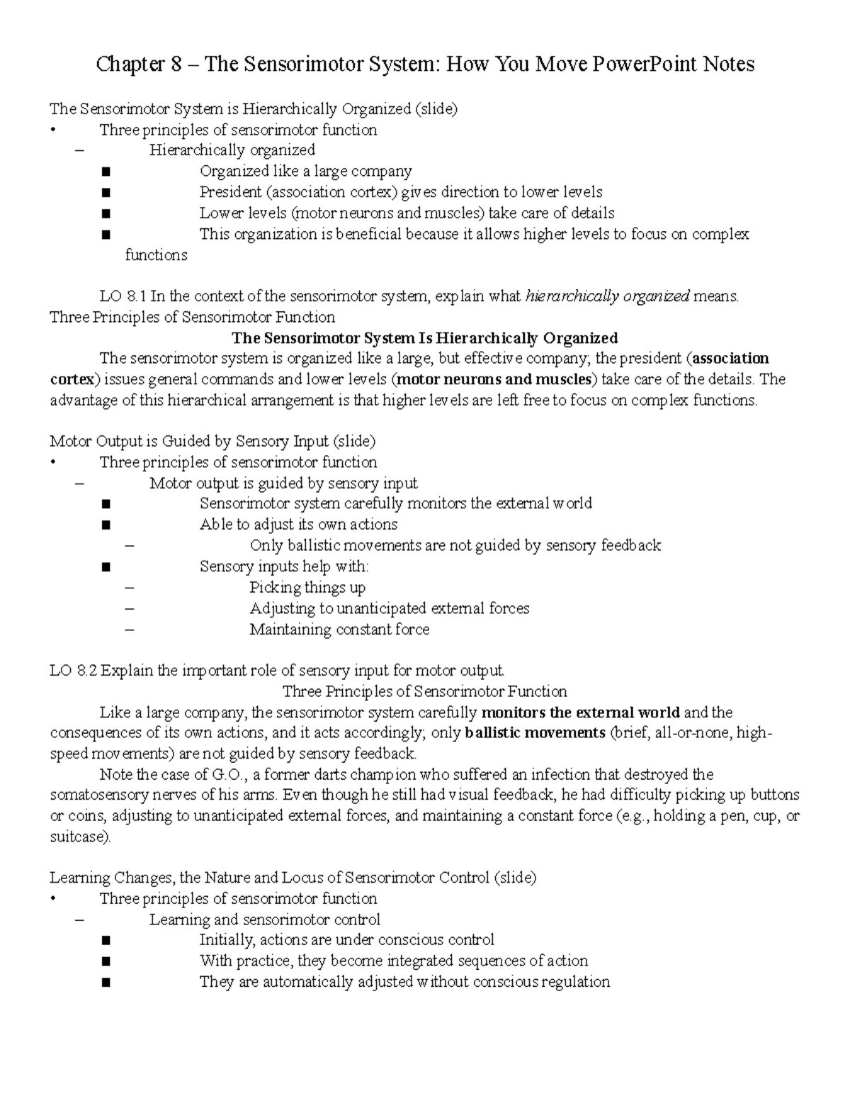 Biopsychology Chapter 8: Sensorimotor System PowerPoint Notes - Studocu