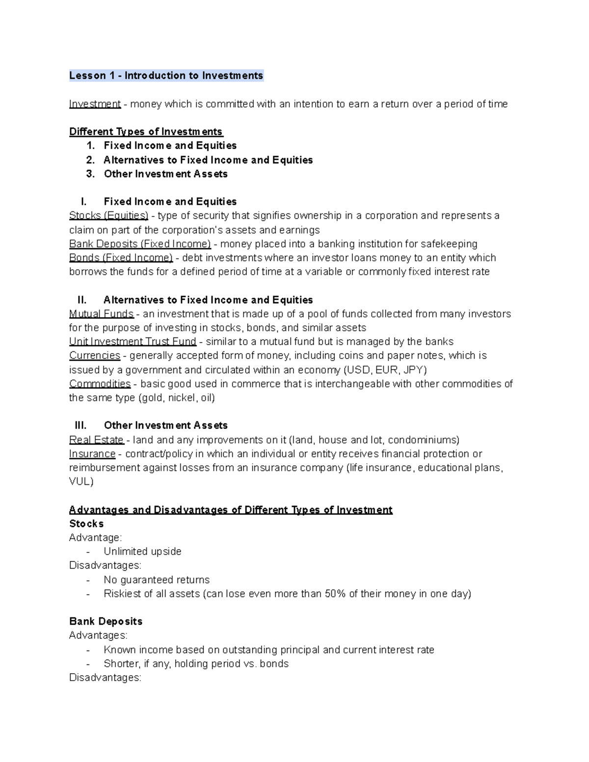 Finance 101: Lesson 1 - Introduction to Investments and Asset Types ...