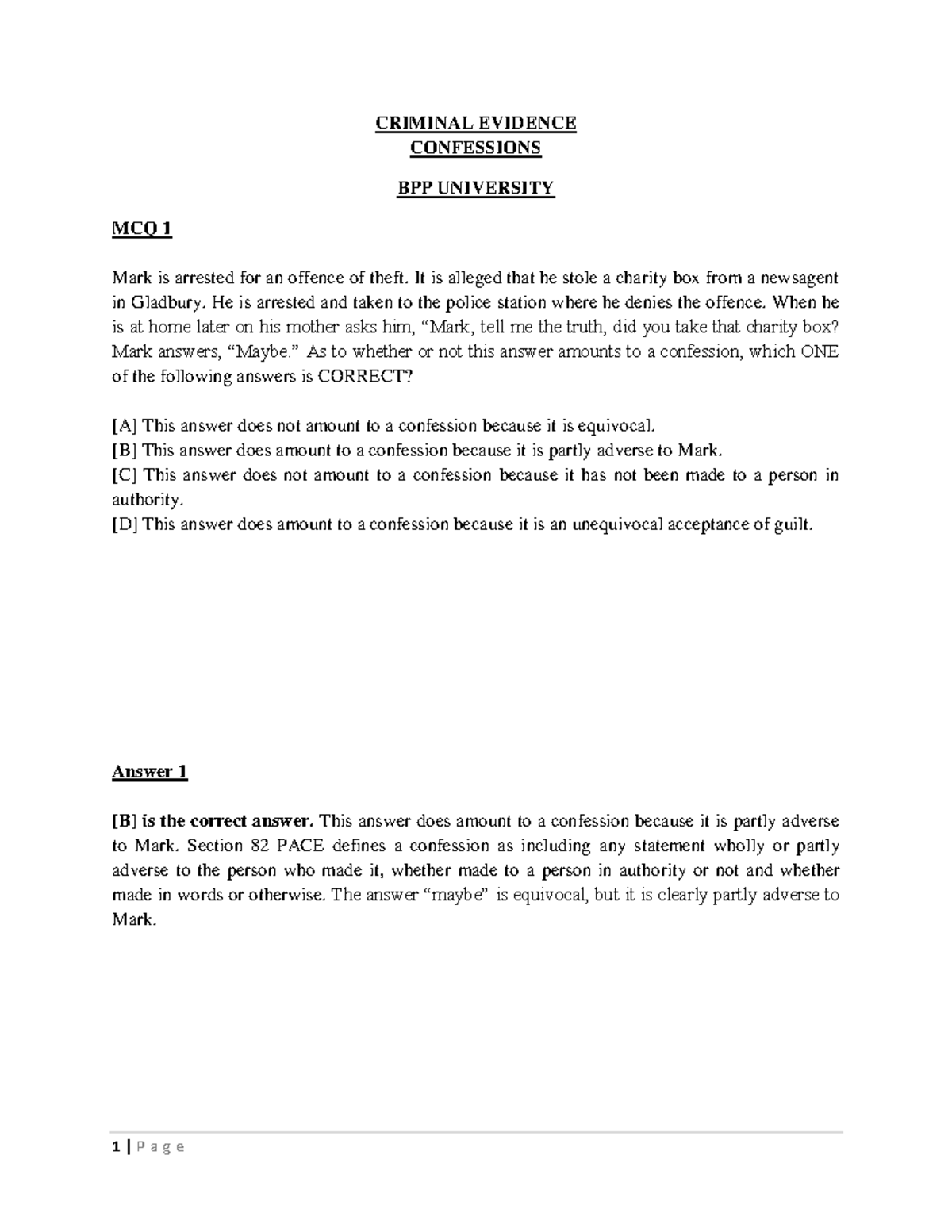CRIMINAL EVIDENCE CONFESSIONS BPP UNIVERSITY MCQ Study Guide - Studocu