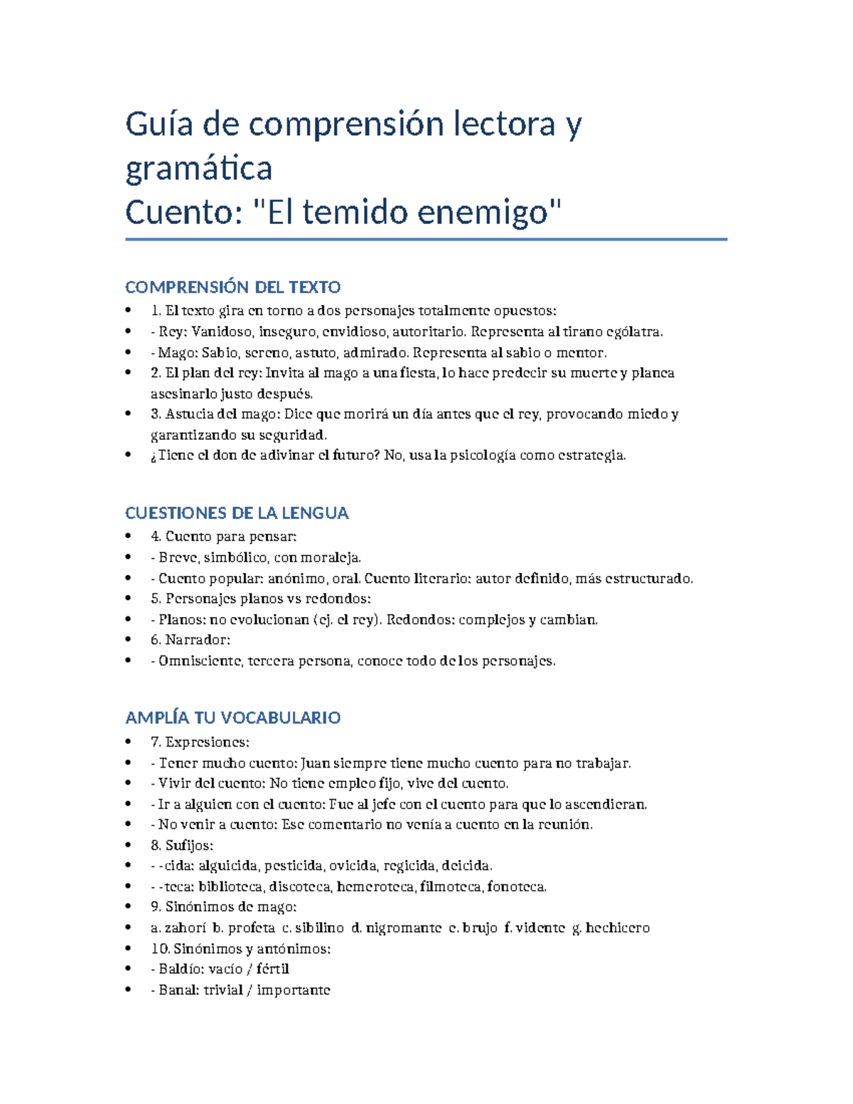 Guía de Comprensión Lectora: El Temido Enemigo (Cuento) - Studocu