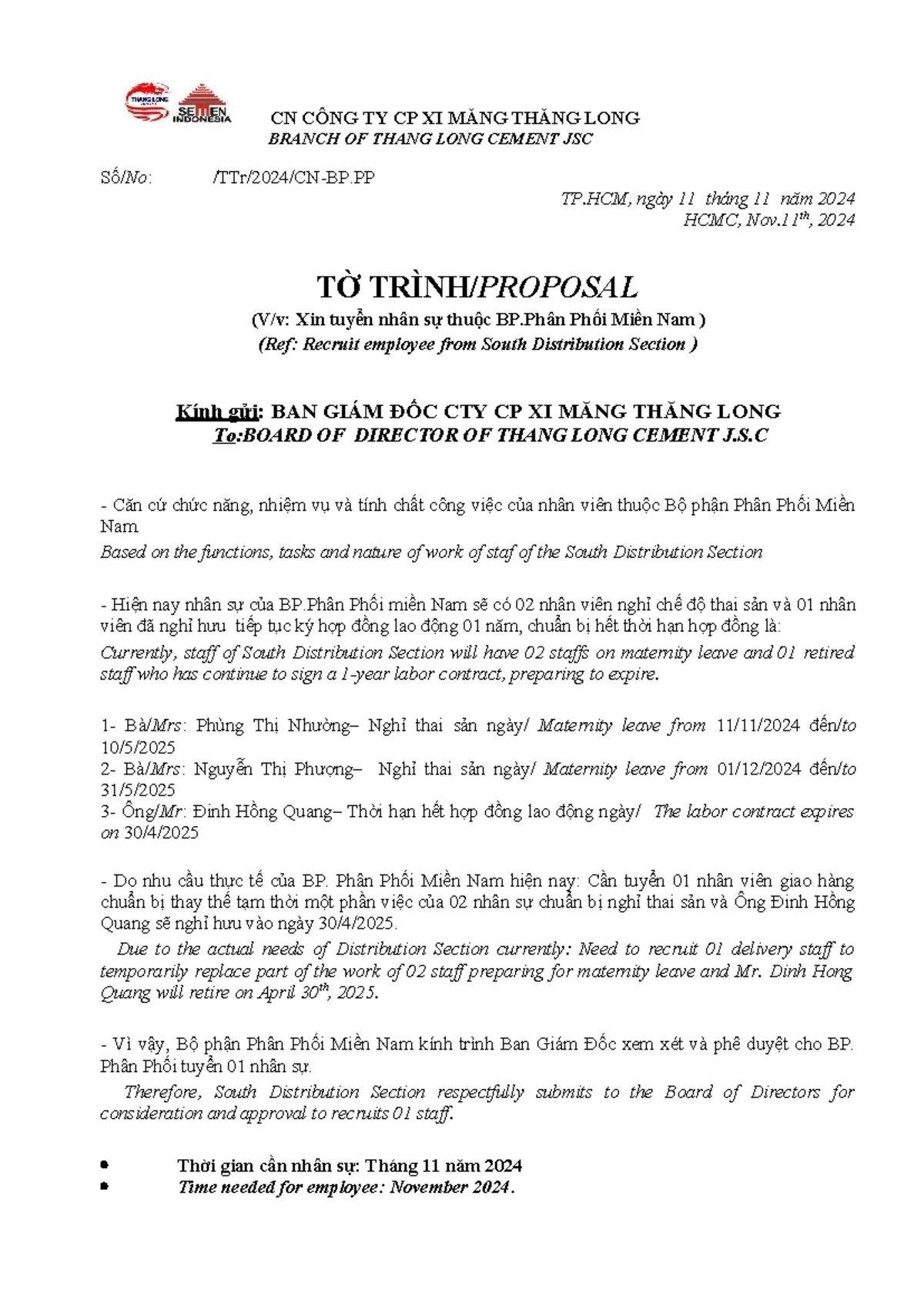 Tờ Trình Xin Tuyển Nhân Sự 2024 - BP Phân Phối Miền Nam - Studocu