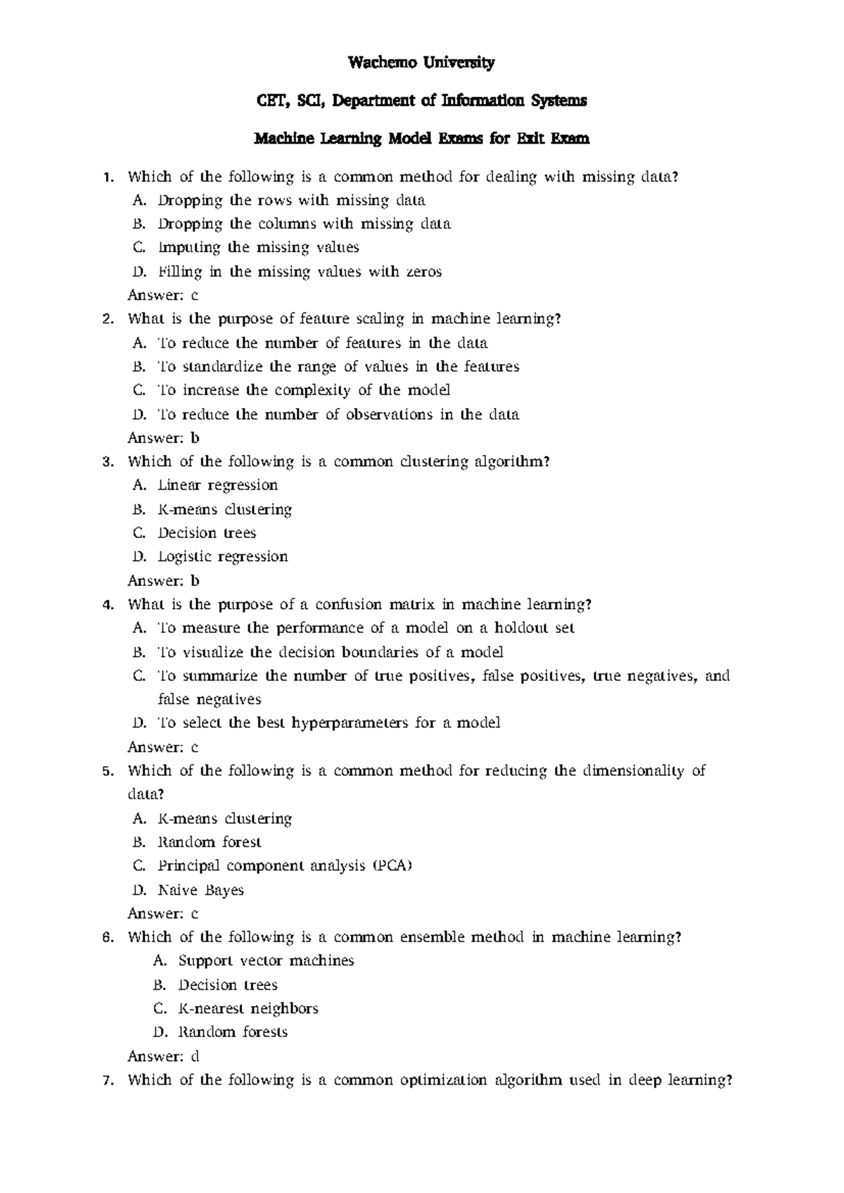 Wachemo University CET, SCI, Machine Learning Model Exam Notes - Studocu