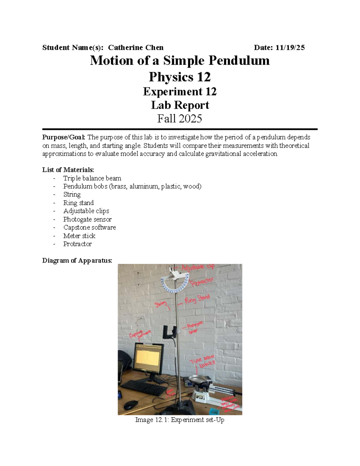Physics 12 Experiment 12: Motion of a Simple Pendulum Lab Report - Studocu