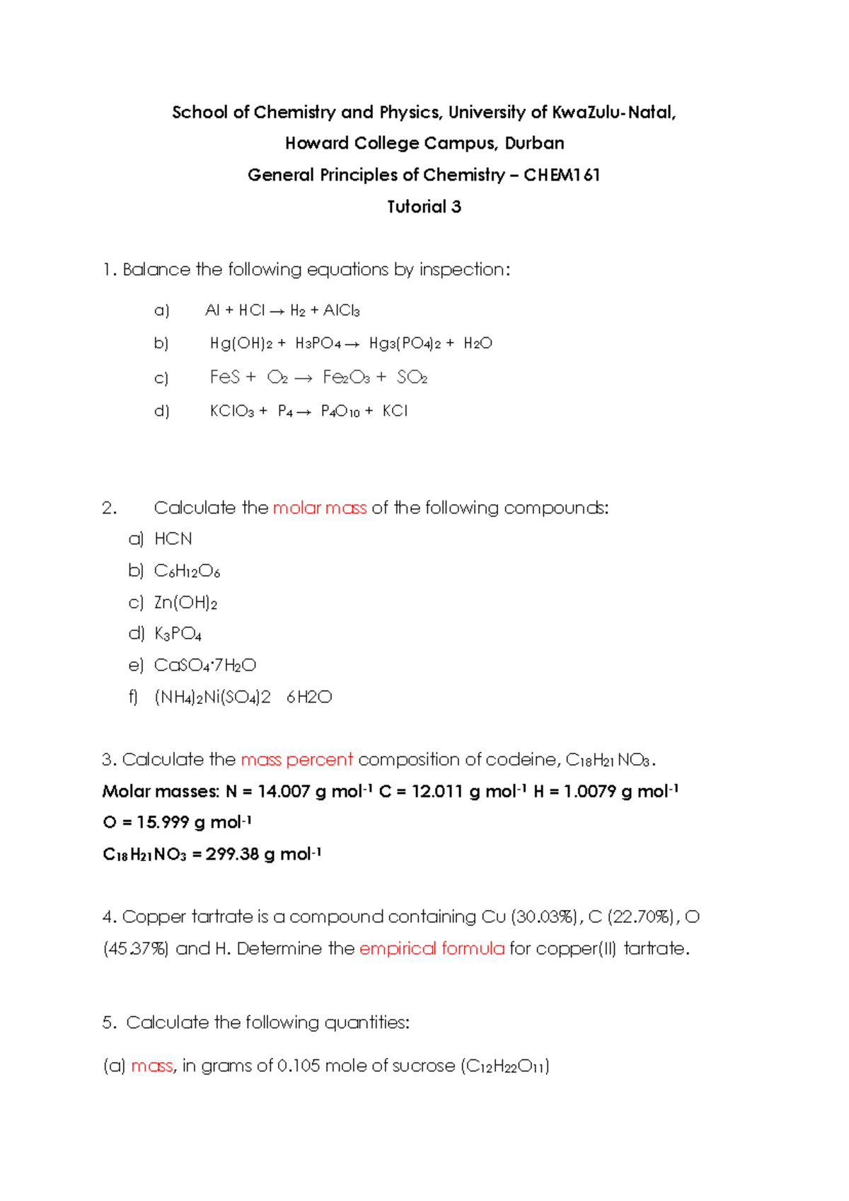 CHEM161 Tutorial 3: General Principles of Chemistry Exercises - Studocu