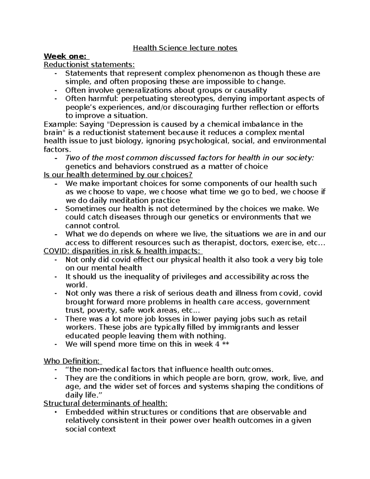 Health Science Lecture Notes: Week 1 - Understanding Reductionist ...