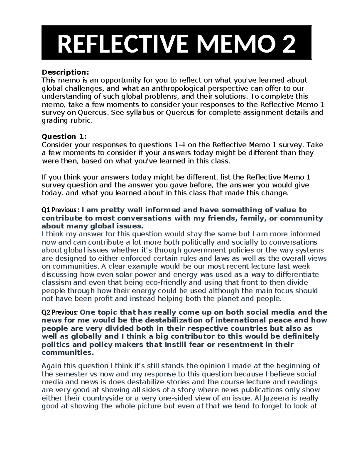 Reflective Memo 2: Insights on Global Challenges and Anthropology - Studocu