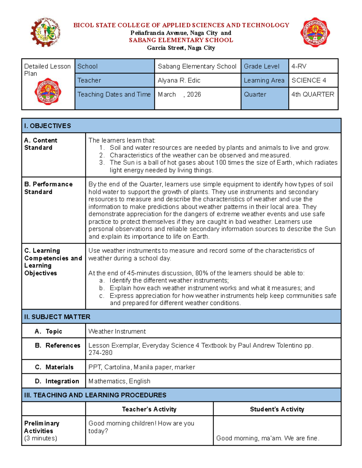 Science 4 Detailed Lesson Plan: Weather Instruments (5Es Format) - Studocu