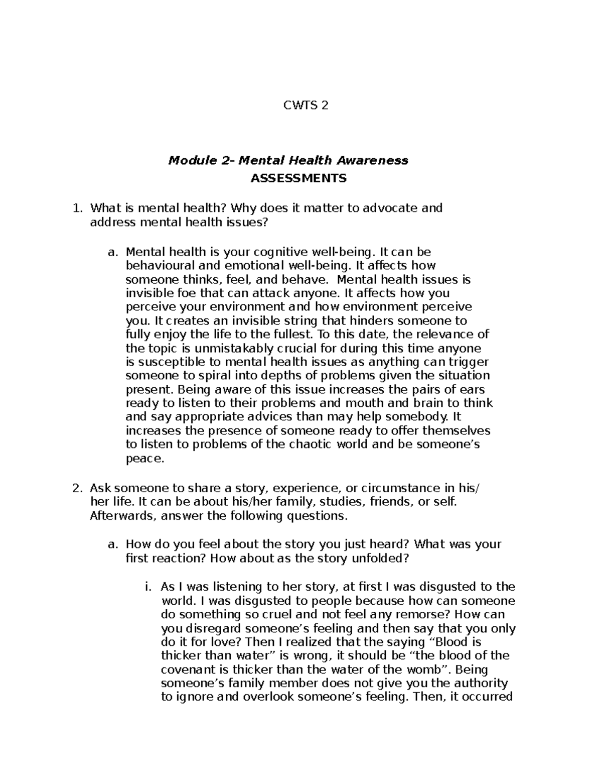 CWTS Module 2 - CWTS 2 Module 2- Mental Health Awareness ASSESSMENTS ...