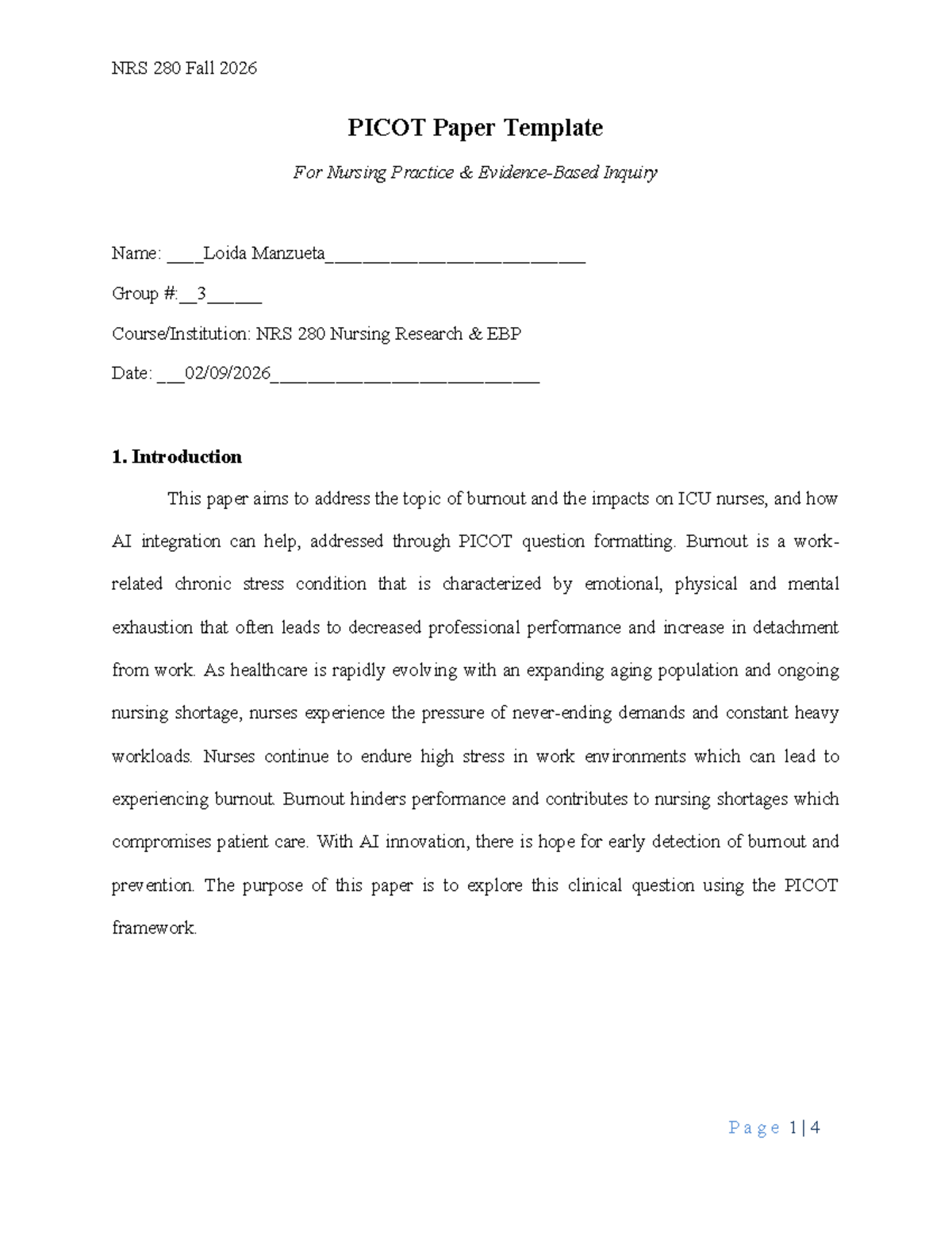 NRS 280 Fall 2026 PICOT Paper on ICU Nurse Burnout and AI Solutions ...